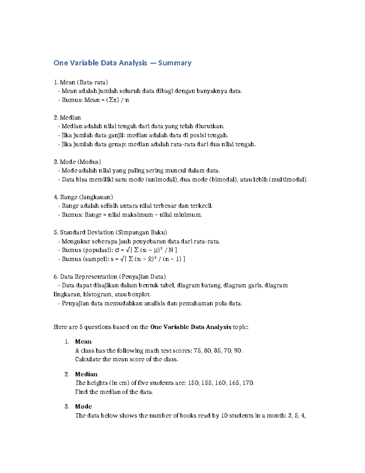 One Variable Data Analysis Summary SAT: Mean, Median, Mode, Range, SD ...