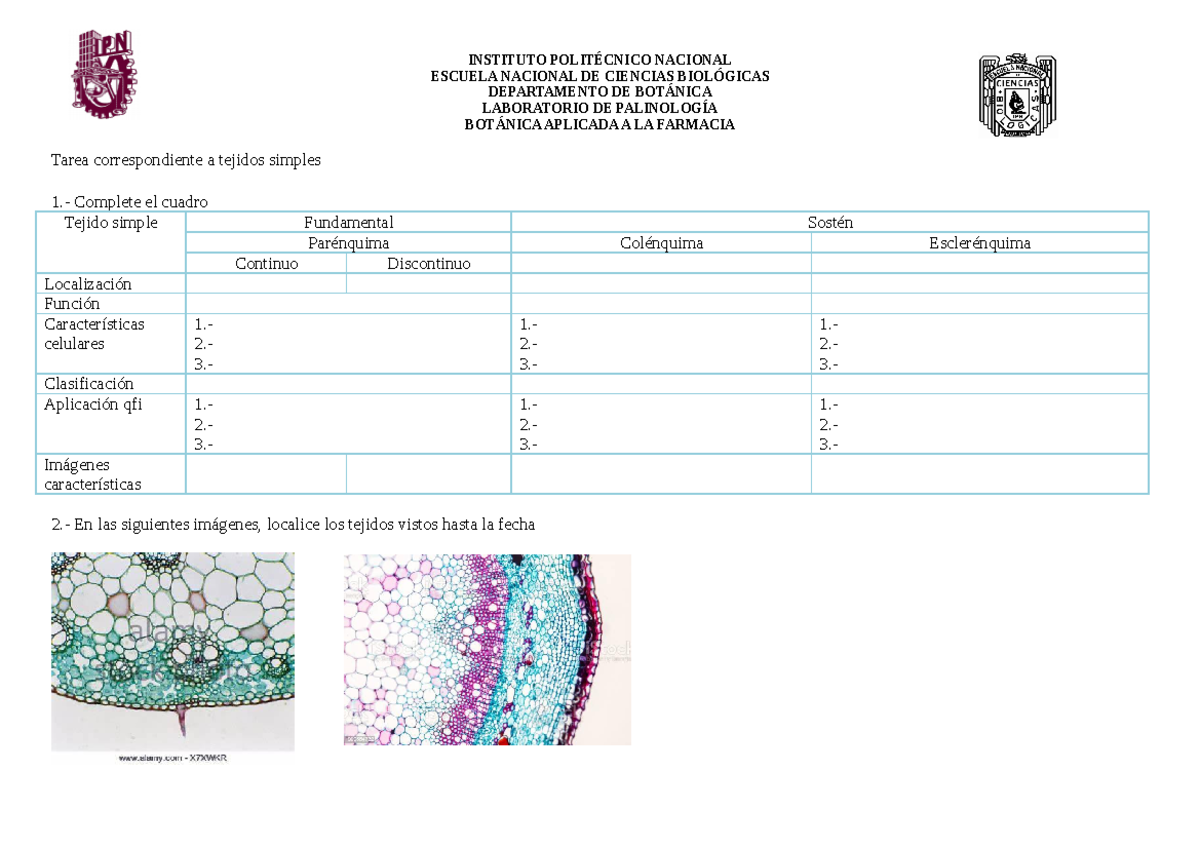 Tarea tejidos simples - INSTITUTO POLITÉCNICO NACIONAL ESCUELA NACIONAL ...