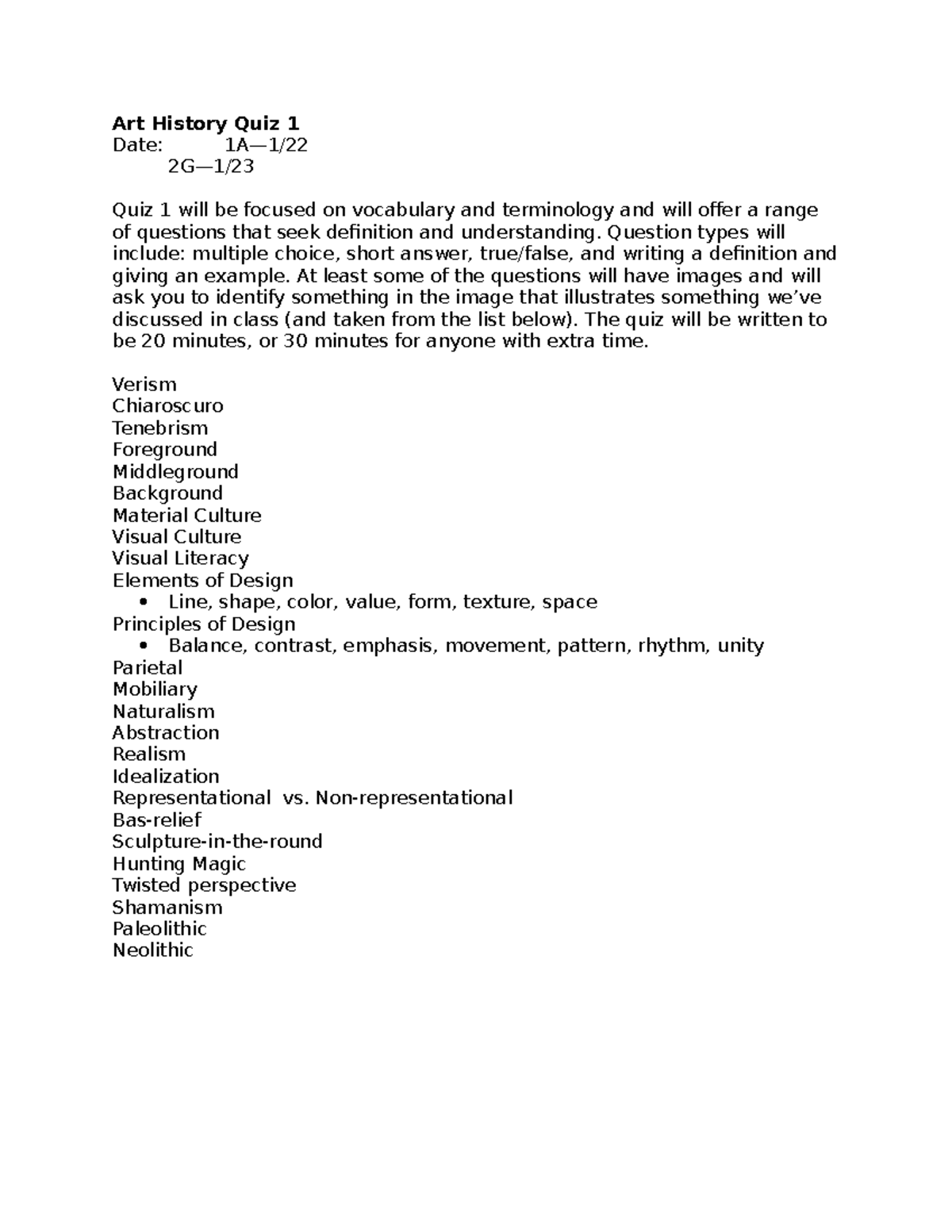 Art History Quiz 1 (JGeorge) - Vocabulary & Terminology Focus - Studocu