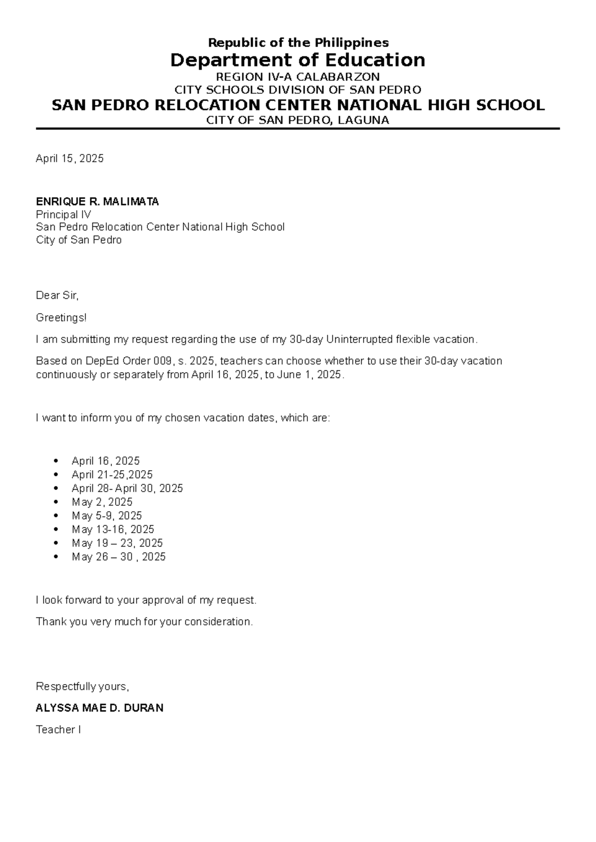 30-Day Vacation Request Letter for DepEd Order 009, s. 2025 - Studocu
