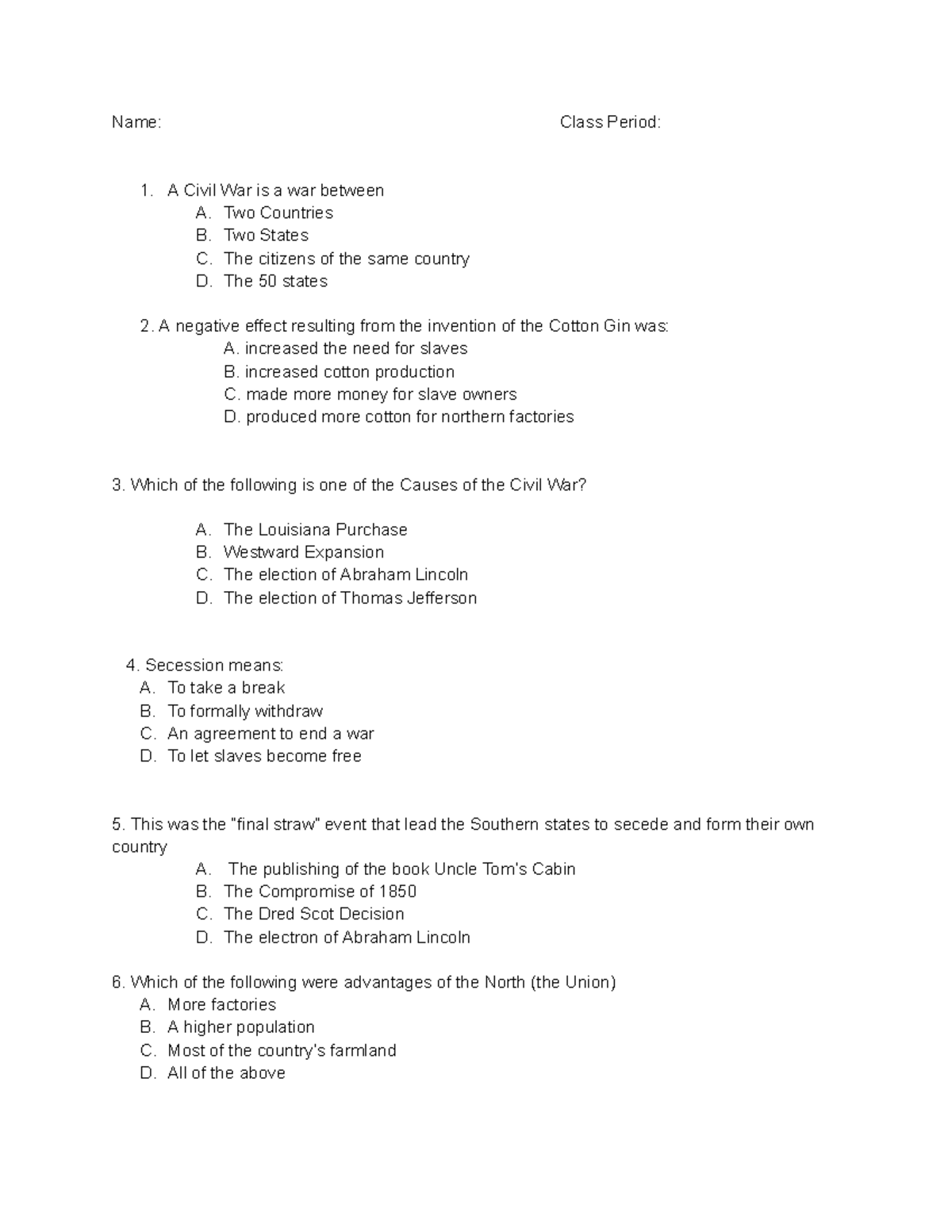 Civil War Summative Assessment Quiz - Name: Class Period: A Civil War ...