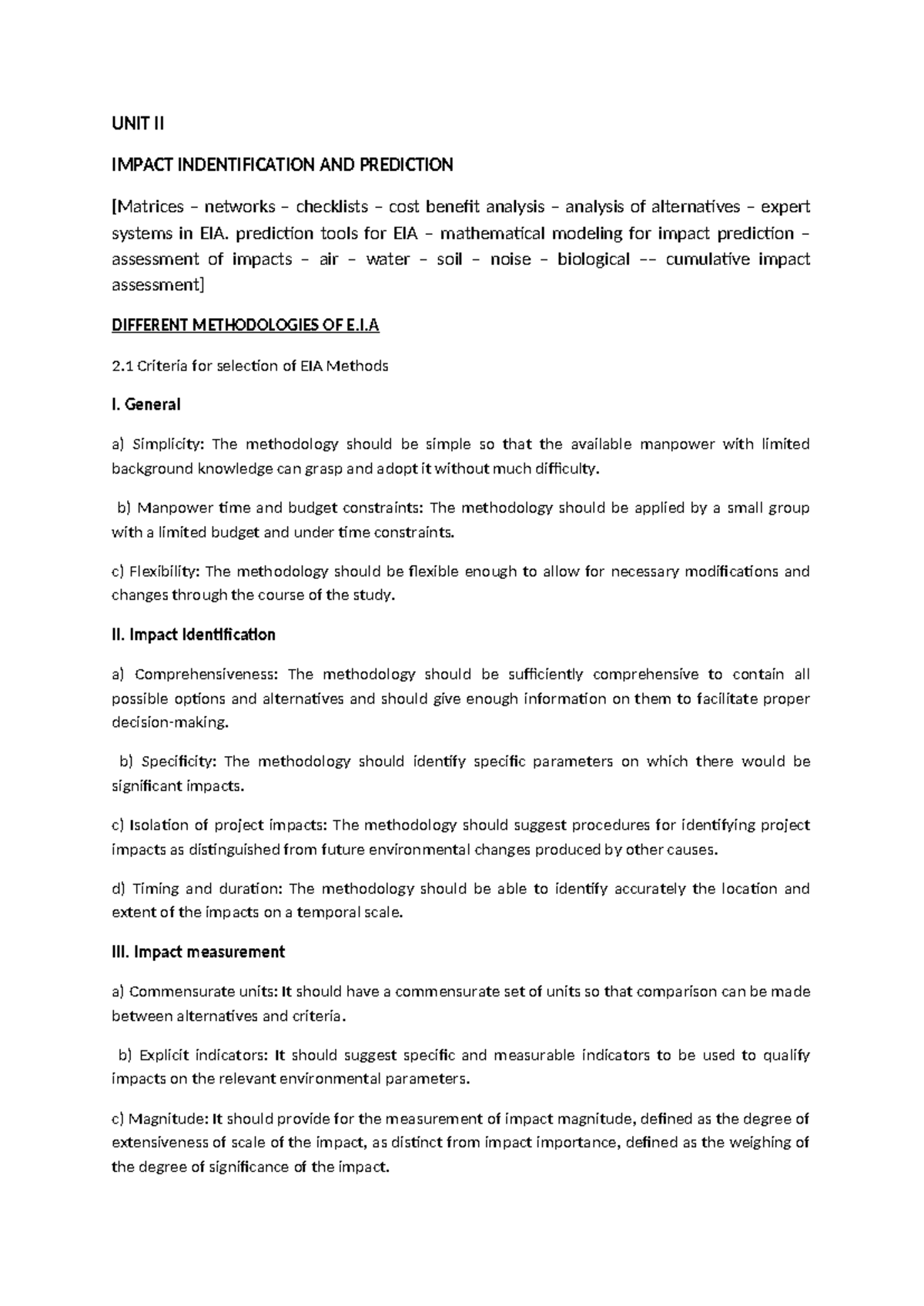EIA Methodologies and Impact Prediction Tools: Unit 2 Overview - Studocu