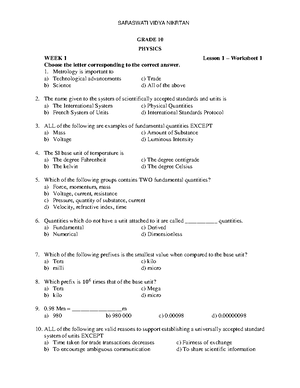 Grade 10 Physics Week 1 Lesson 1 Worksheet 2 and Answersheet - MINISTRY OF EDUCATION SECONDARY ...