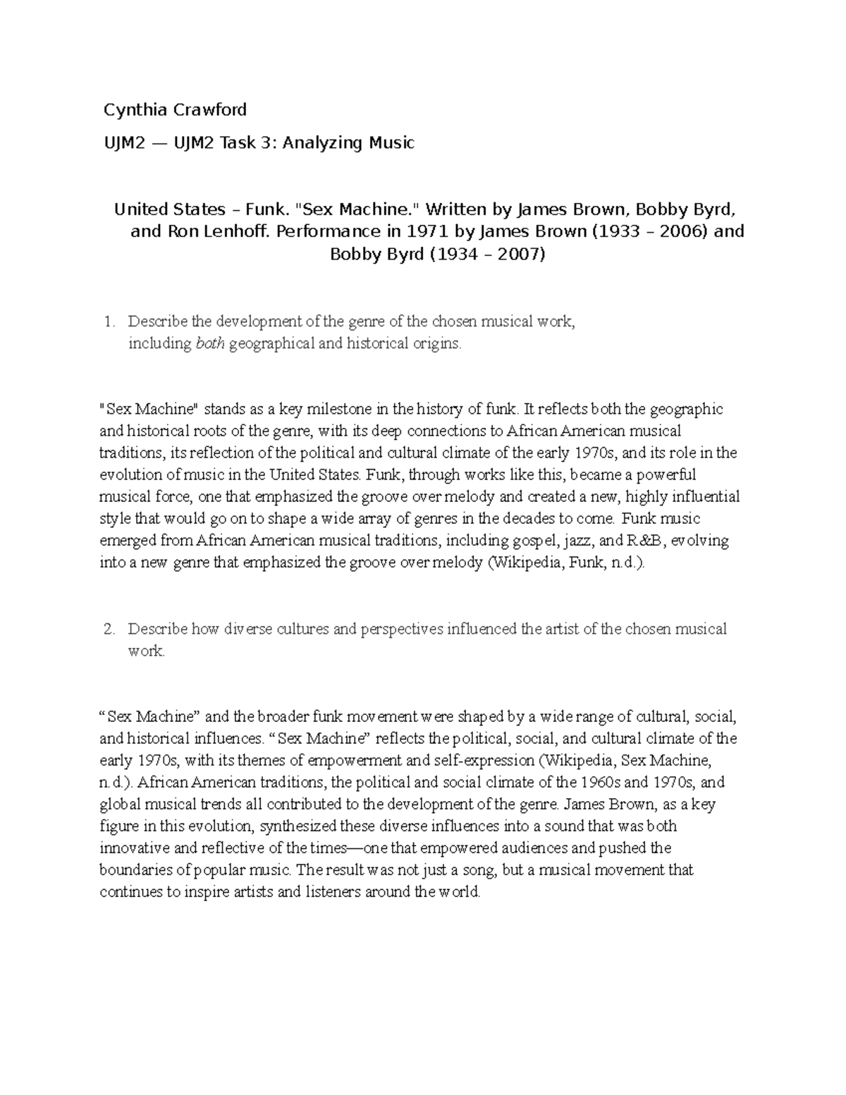 UJM2 Task 3: Analyzing the Impact of "Sex Machine" on Funk Music - Studocu