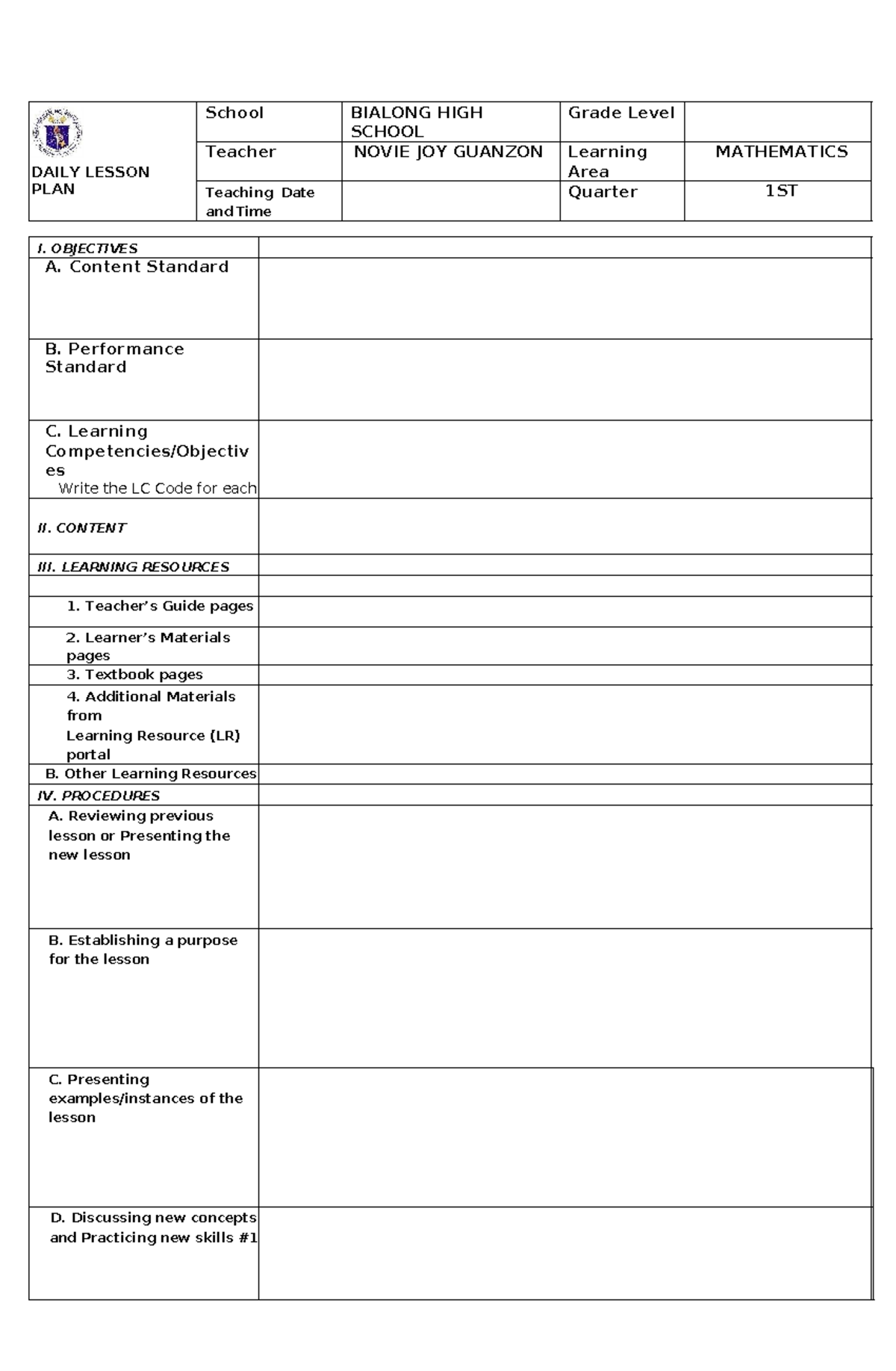 Math template - math - DAILY LESSON PLAN School BIALONG HIGH SCHOOL ...