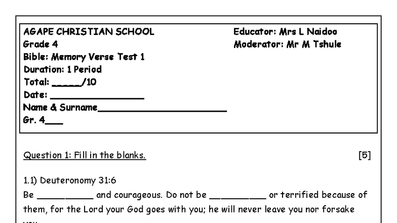 AGAPE CHRISTIAN SCHOOL Grade 4 Bible Memory Verse Test 1 - Term 1 2025 ...
