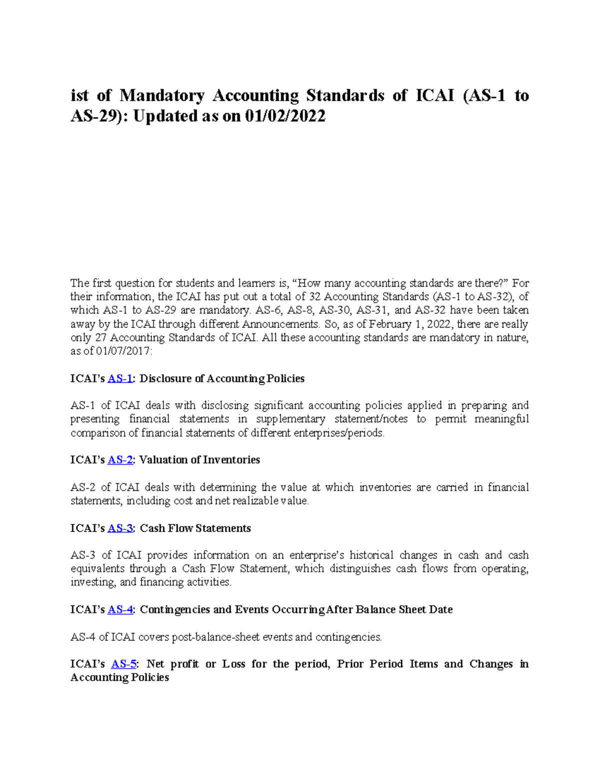 List of Mandatory Accounting Standards of ICAI - AS-6, AS-8, AS-30, AS ...