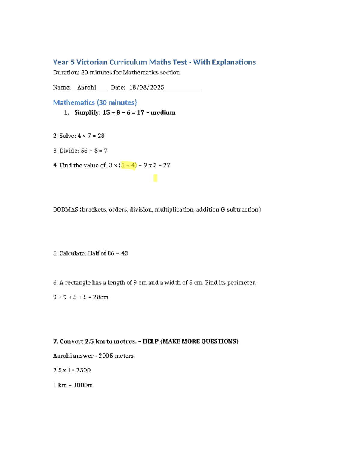 Year 5 Maths Test (Victorian Curriculum) - Practice Worksheet - Studocu