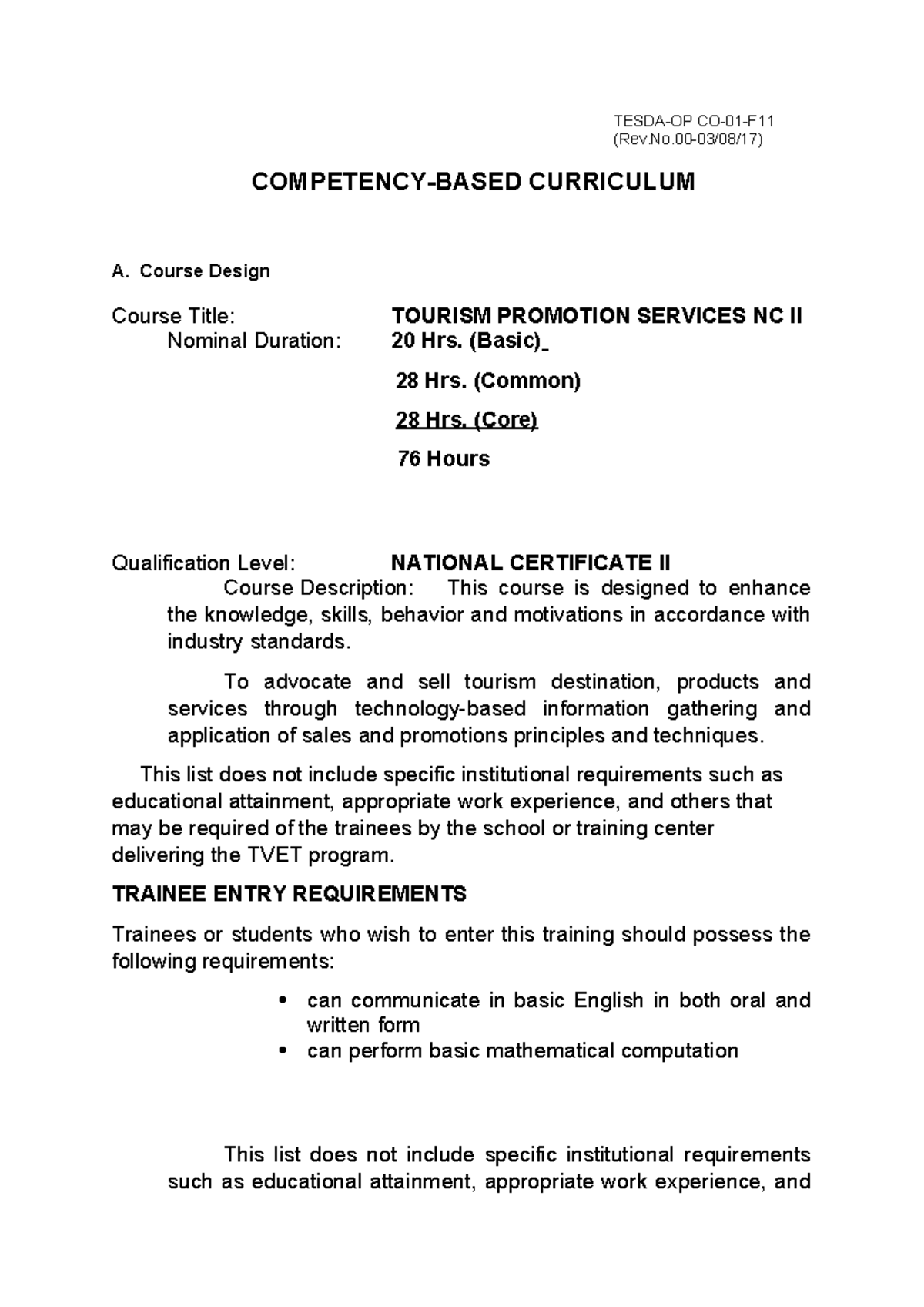 CBC- Tourism Promotion Services NC II Course Curriculum Overview - Studocu