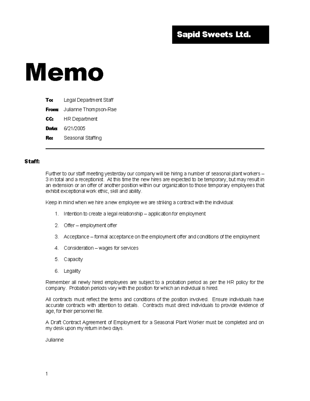 Sapid Sweets Ltd. Memo: Seasonal Staffing & Contracts Update - Studocu