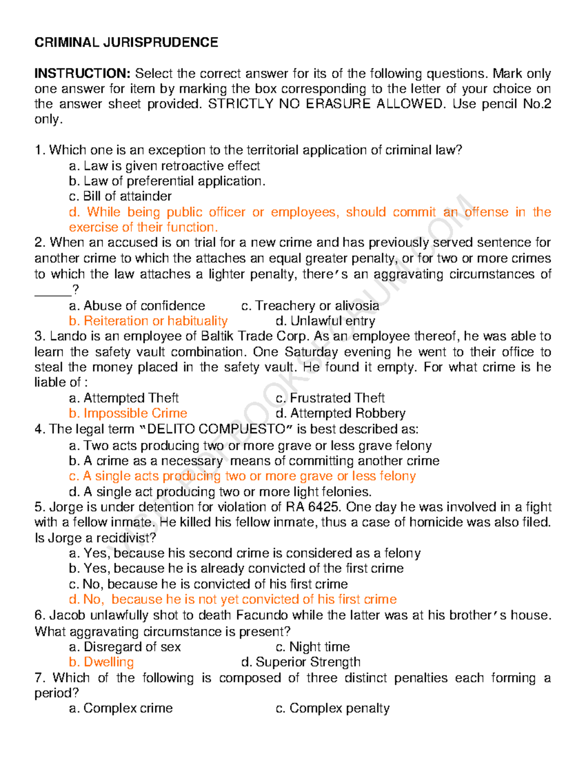 Q&A - Criminal LAW 1: Multiple Choice Questions and Answers - Studocu