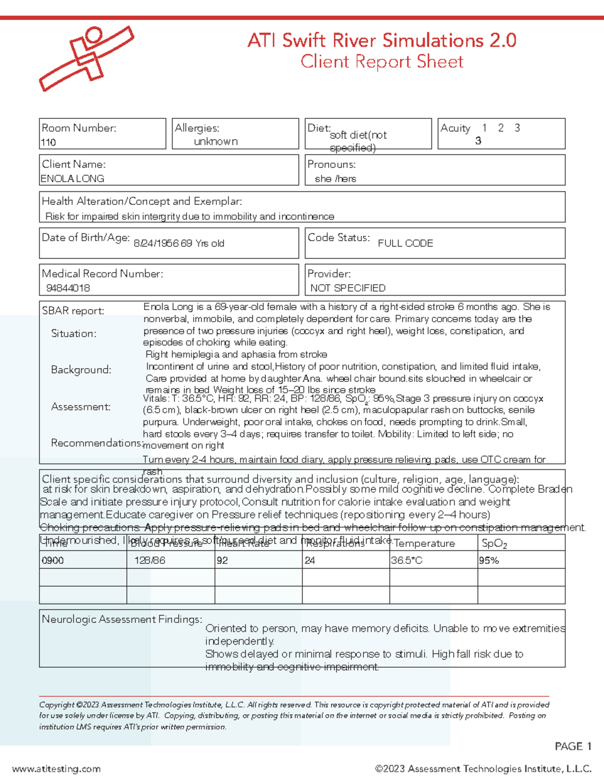 ATI Swift River Simulations 2.0: Enola Long Client Report - Studocu