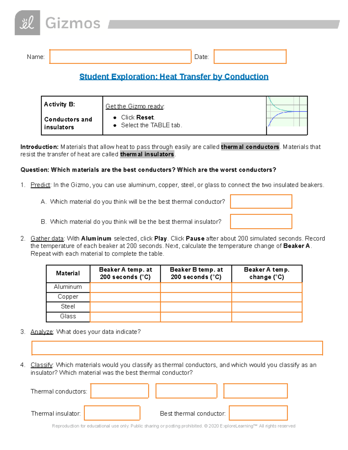 Rate of Heat Transfer -Conduction Gizmos - Name: Date: Student ...