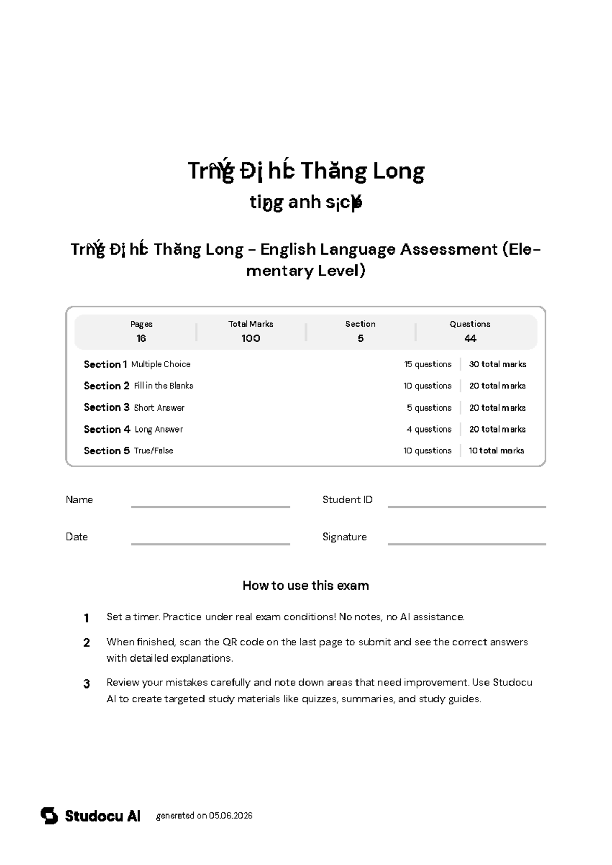 Trường Đại học Thăng Long - English Language Assessment - Studocu