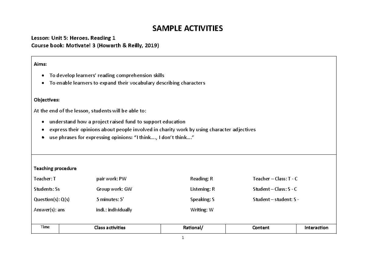 Sample activities - SAMPLE ACTIVITIES Lesson: Unit 5: Heroes. Reading 1 ...