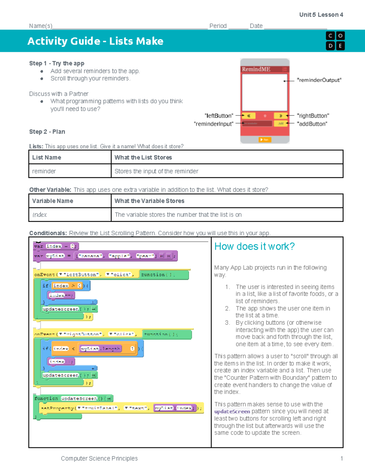 Activity Guide - Lists Make: CS1 Unit 5 Lesson 4 - Studocu