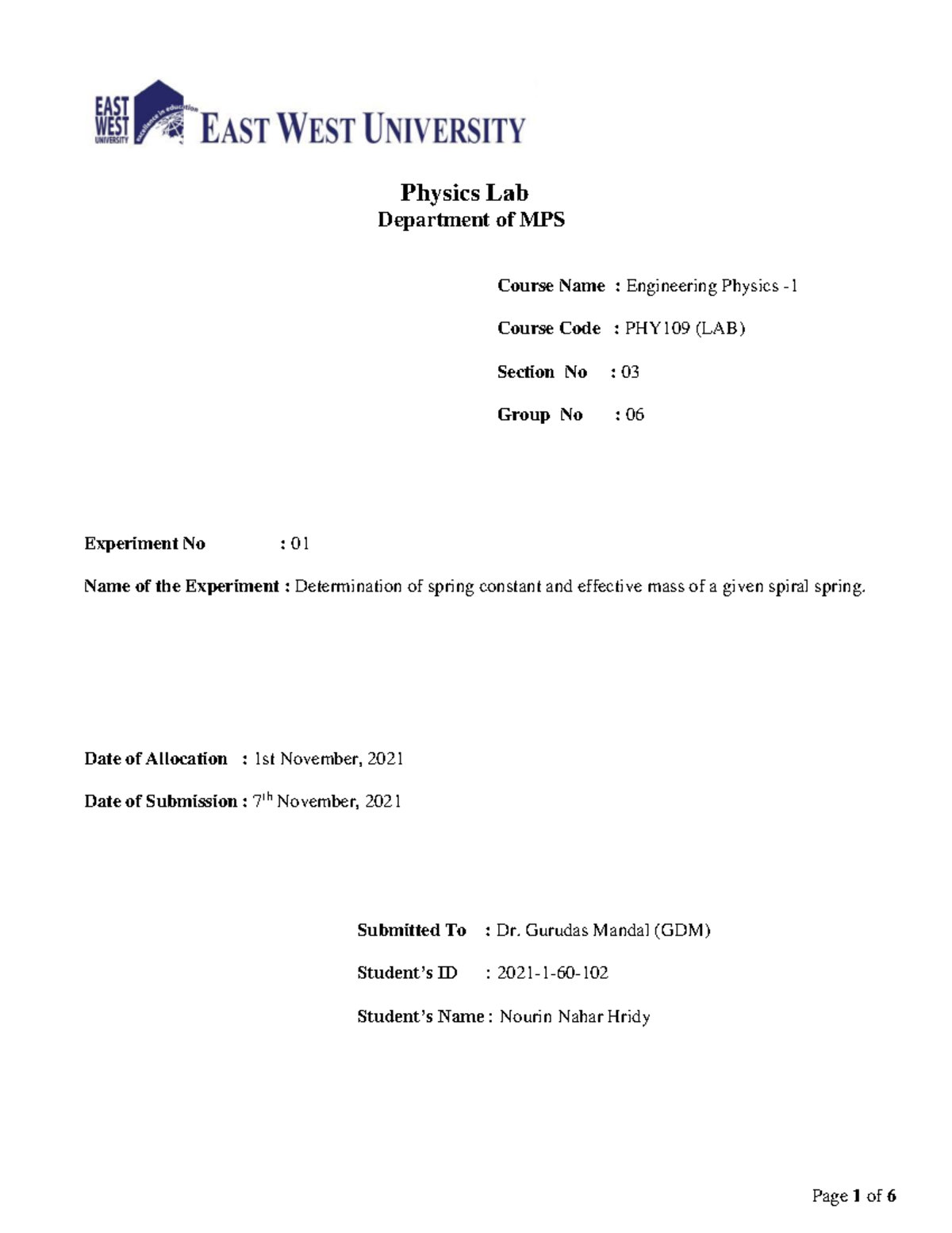 Determining Spring Constant & Effective Mass - PHY109 Lab Experiment 1 ...