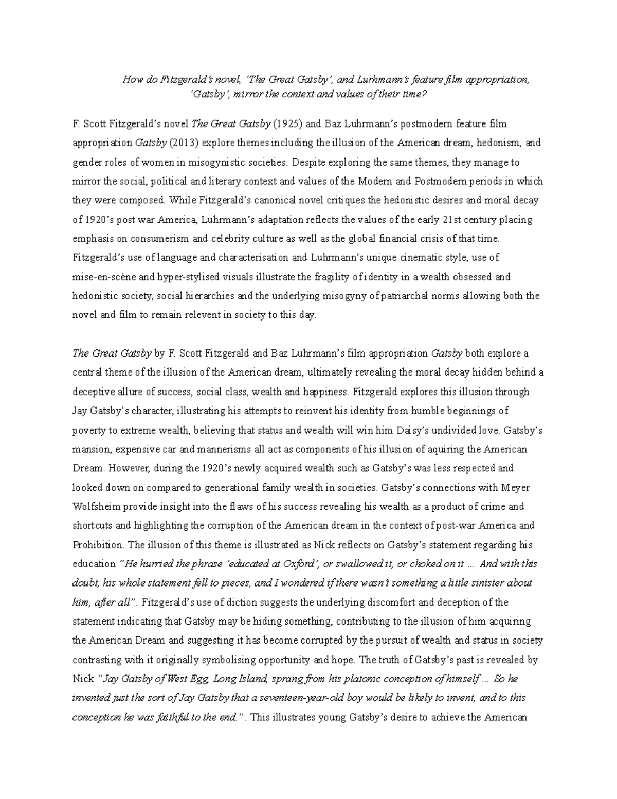 The Great Gatsby (ENG 101): Examining Context and Values in Novel and ...