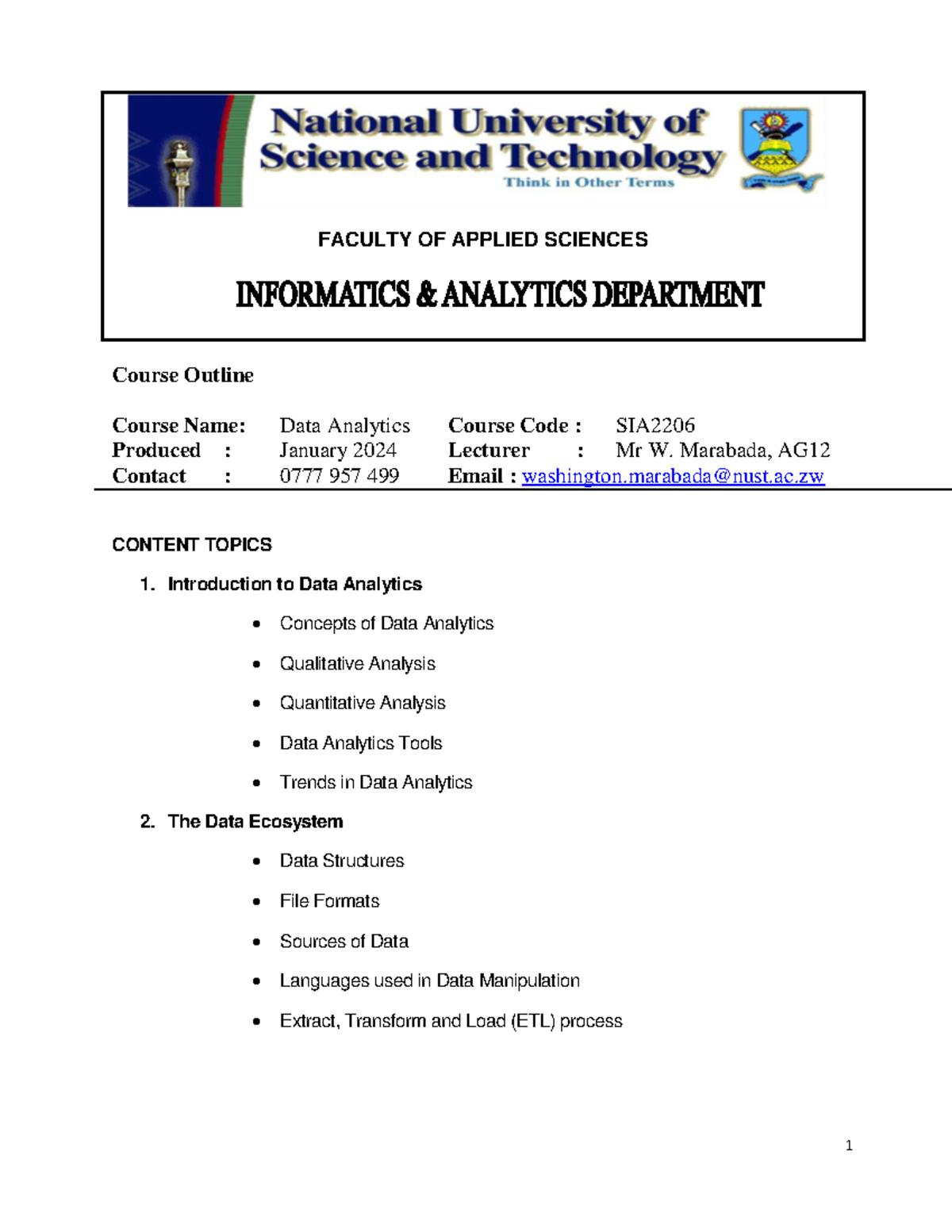 SIA2206 Data Analytics Course Outline - January 2024 - Studocu