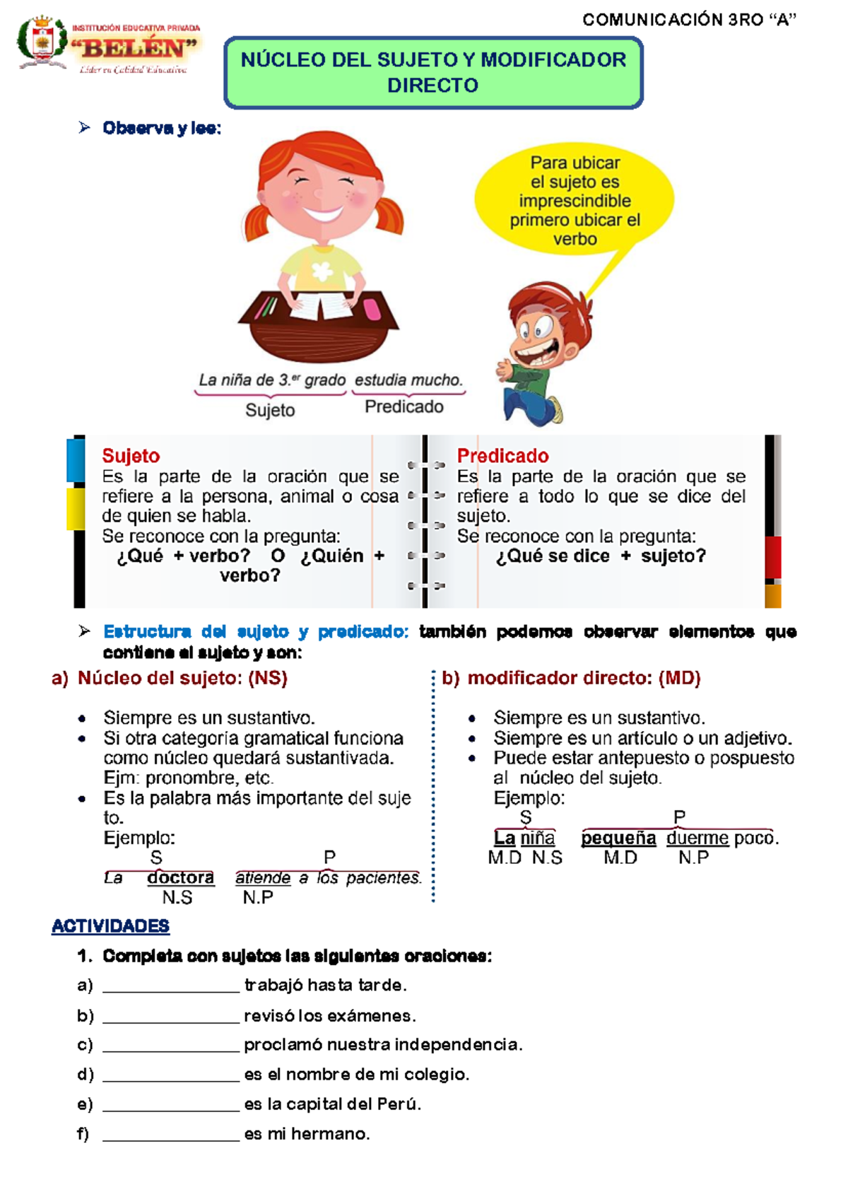 EL Nucleo DEL Sujeto - Observa y lee: Estructura del sujeto y predicado ...