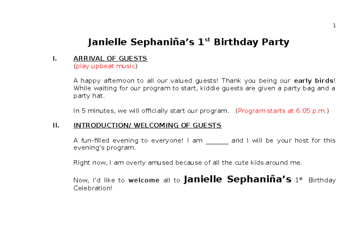 422878620 Janielle Sephaniña's 1st Birthday Party Script - Studocu