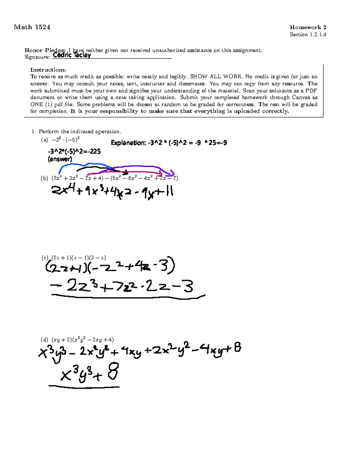 Math 1524 Homework 2: Operations & Polynomial Factoring - Studocu