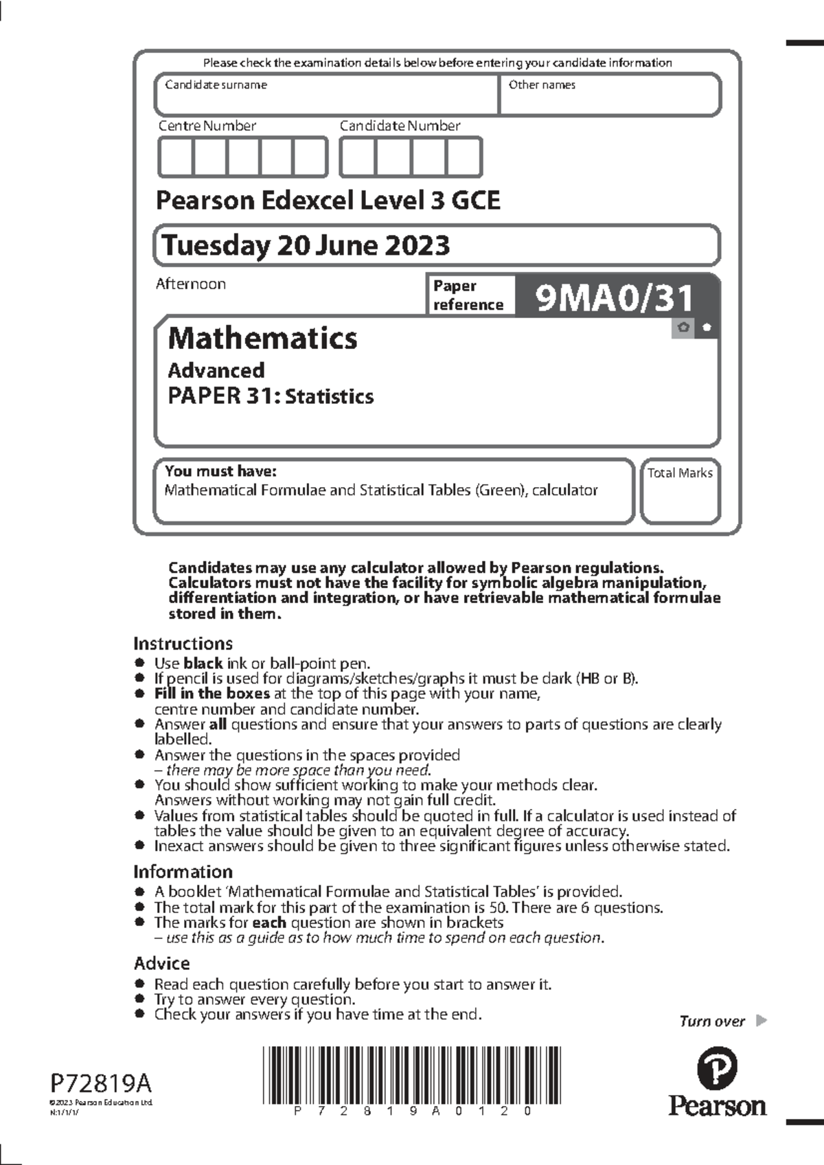 A-Level Maths - Statistics Exam Paper - 20 June 2023 - Studocu