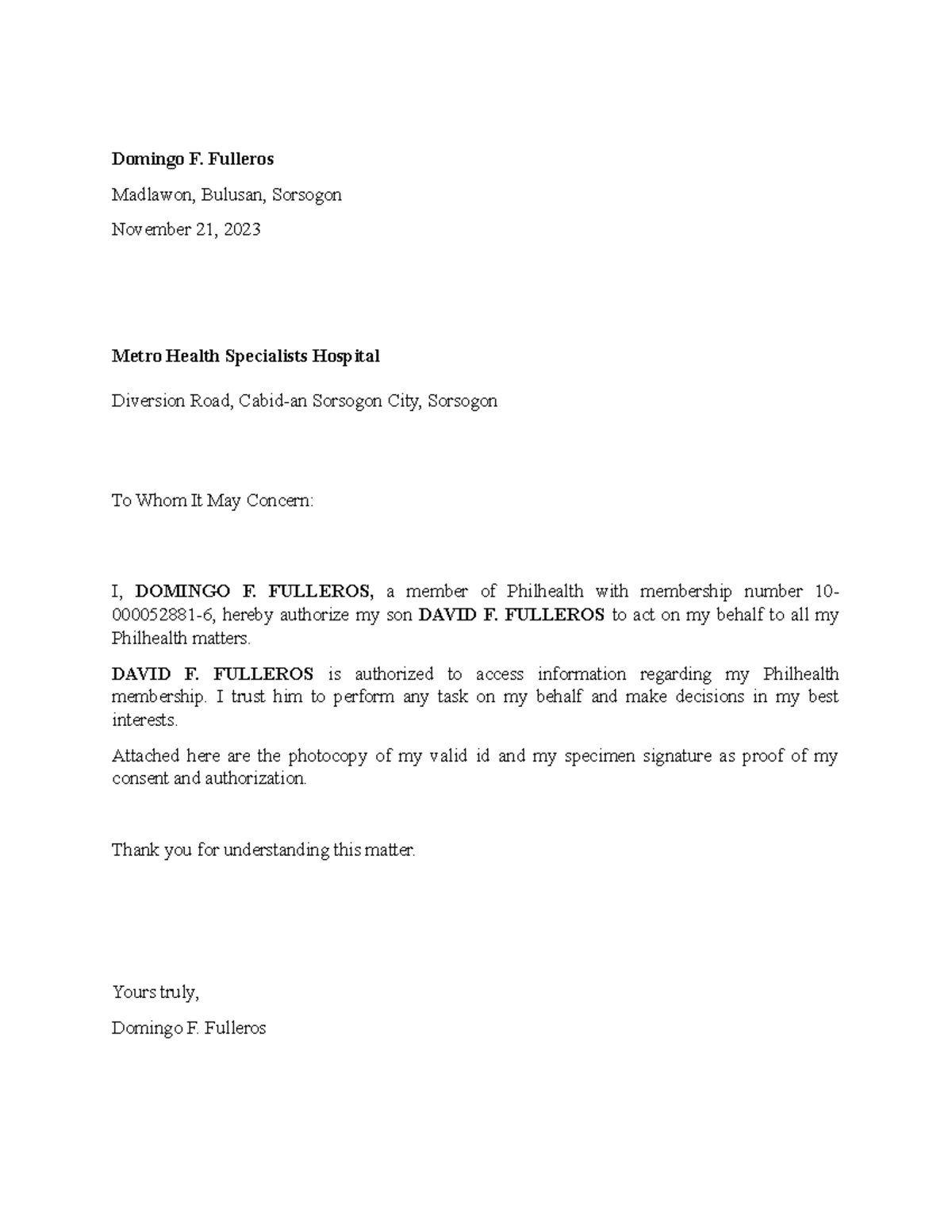 Authorization Letter for Philhealth Matters by Domingo F. Fulleros ...