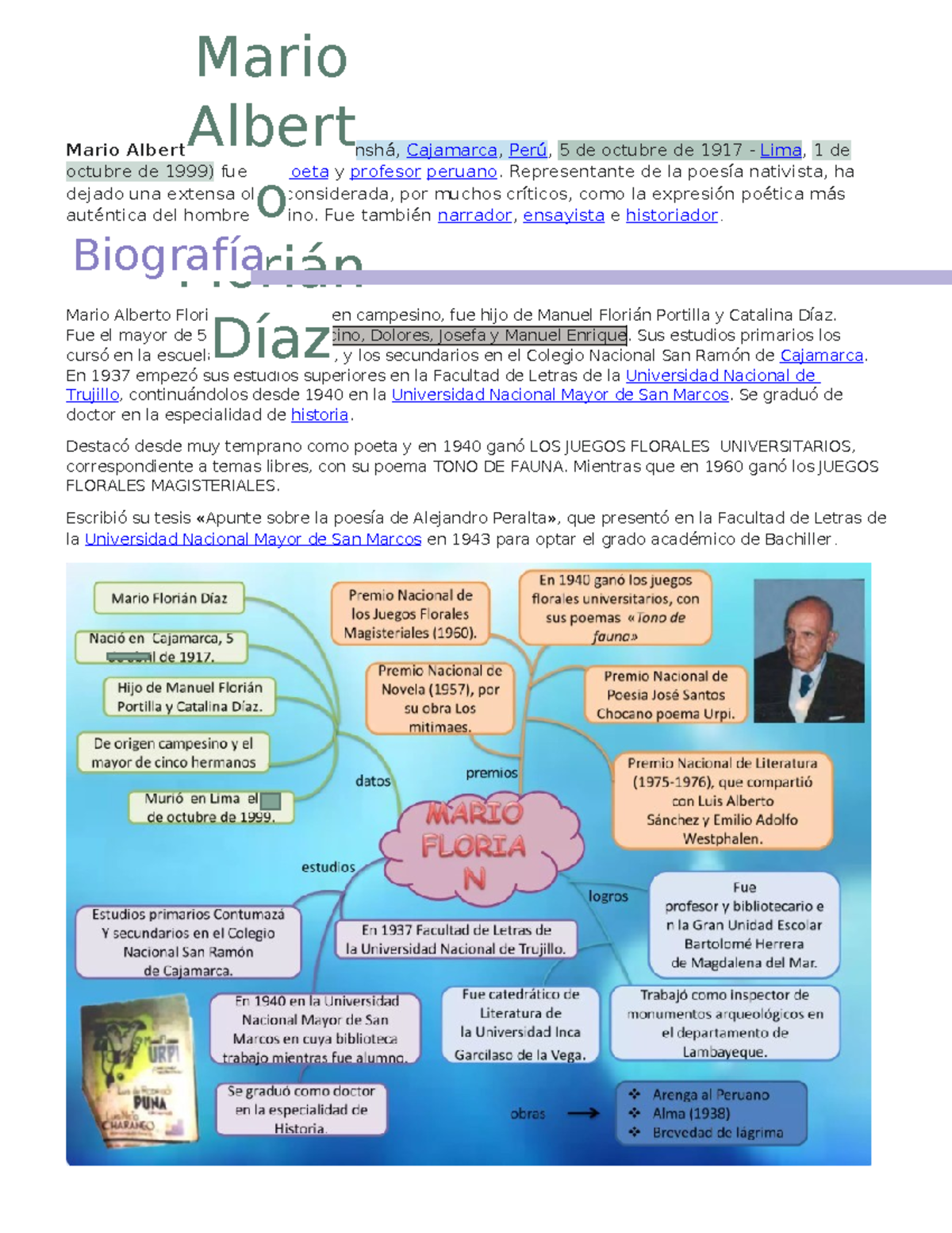 Biografía y Obras de Mario Alberto Florián Díaz: Poesía Andina - Studocu