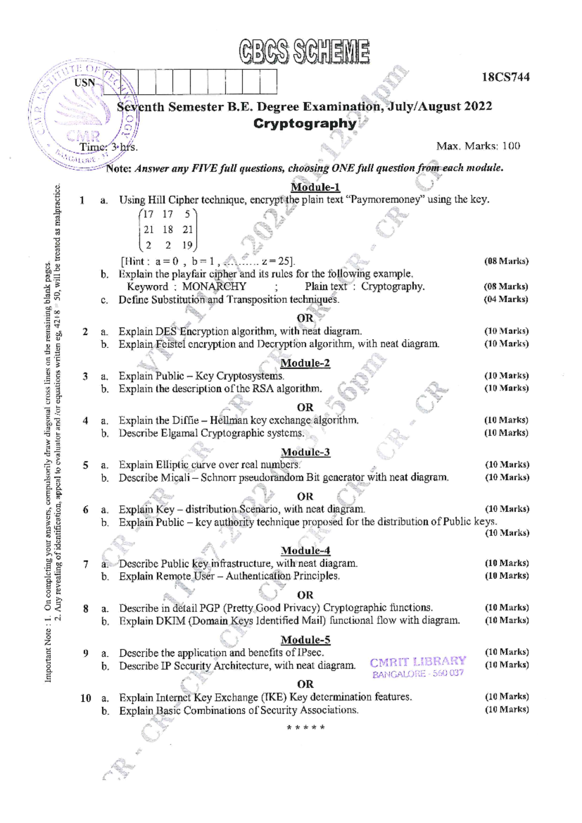 VTU Question Paper of 18CS744 Cryptography June-2022 - imp vtu qps ...