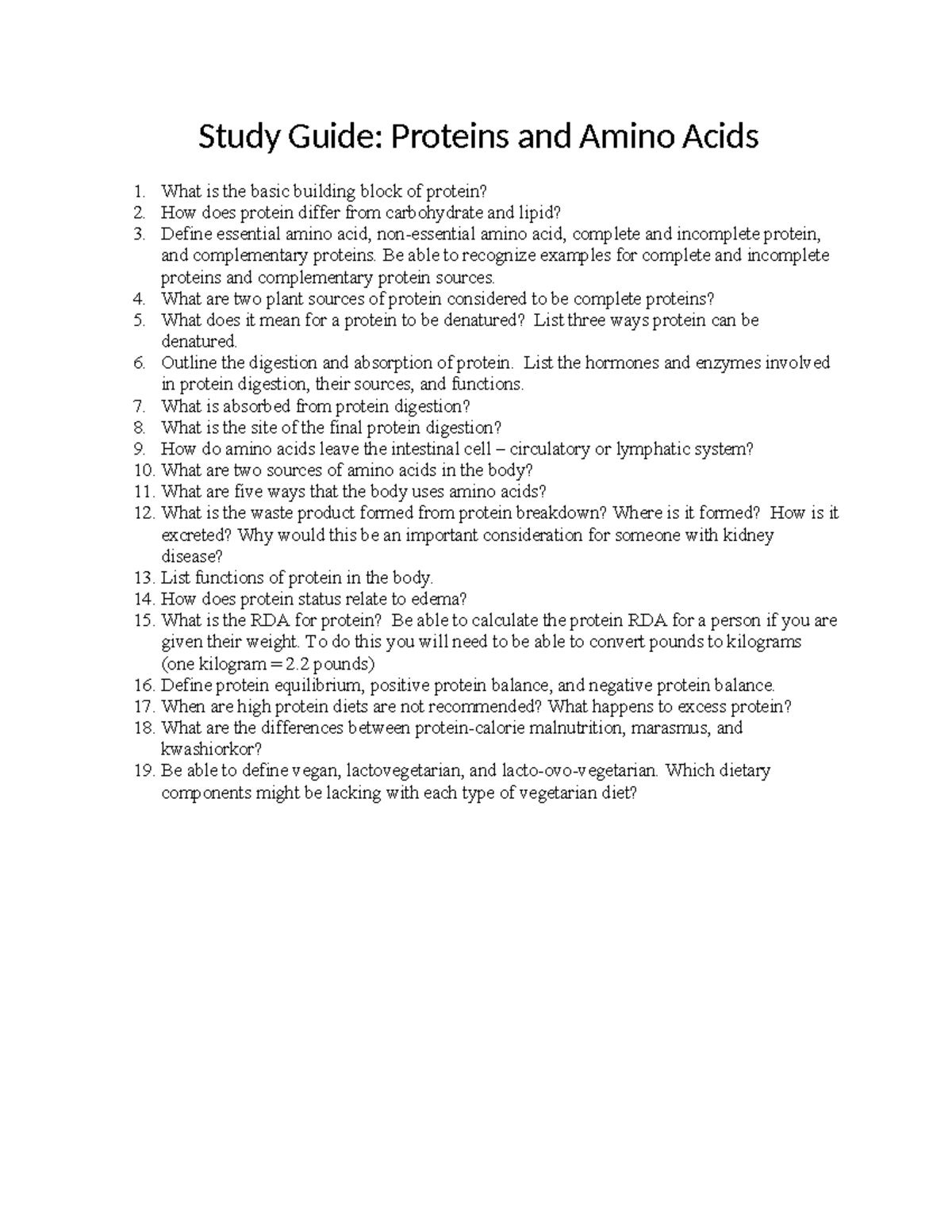 Study Guide: Proteins & Amino Acids for Nutrition Course - Studocu