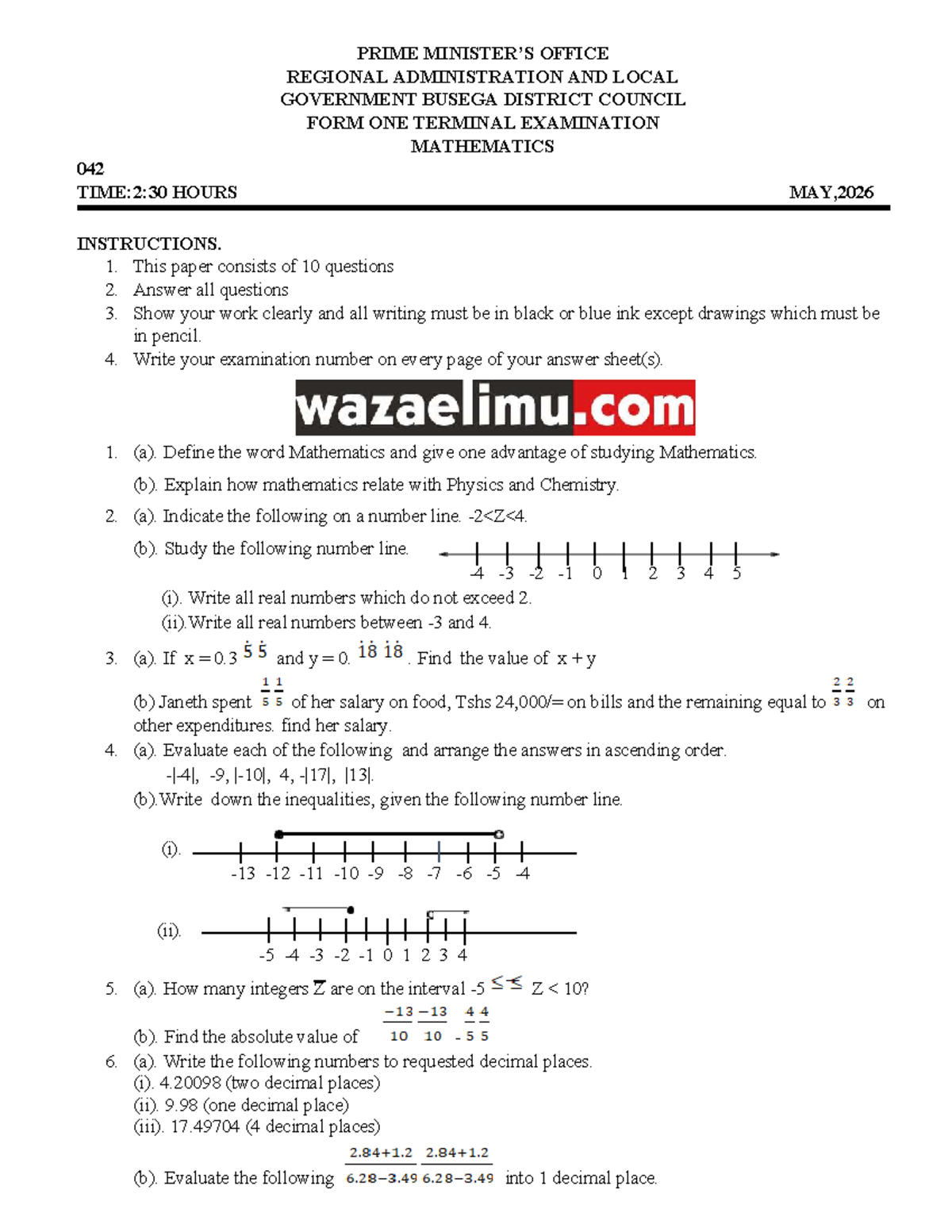 042 MT 1 - Form One Terminal Exam Mathematics May 2026 - Studocu
