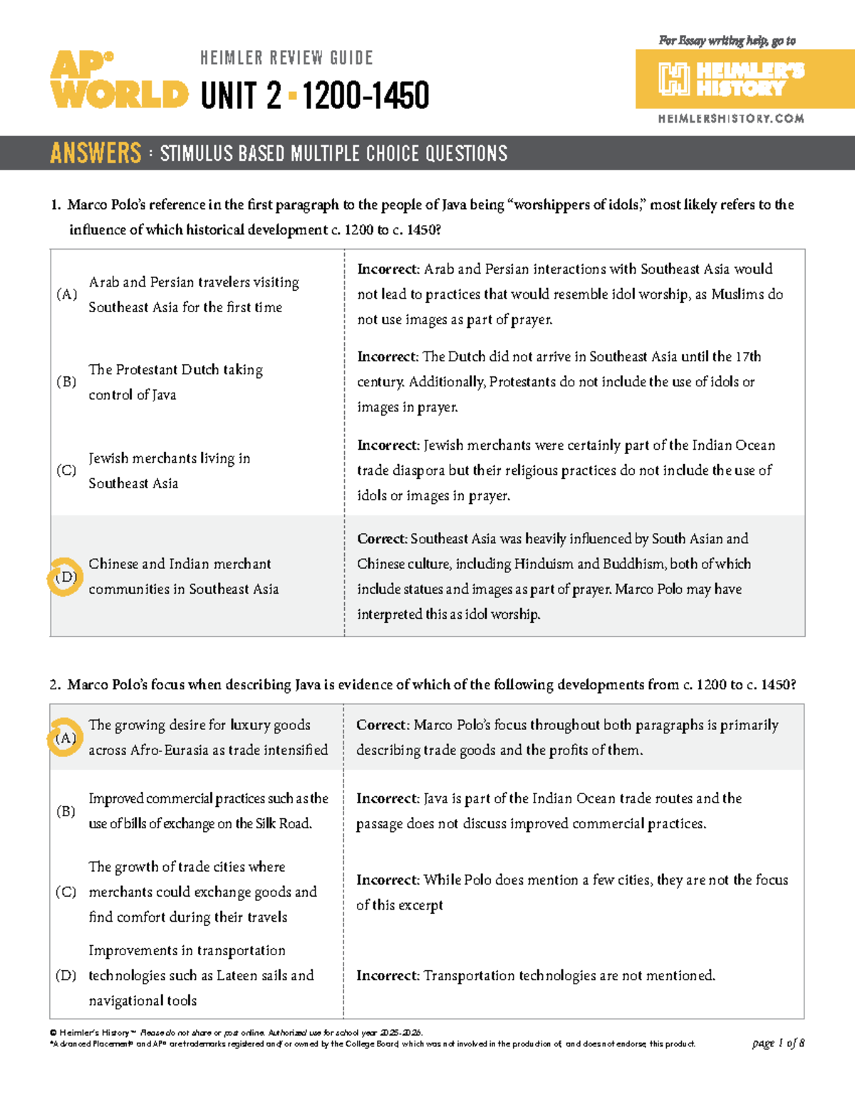 AP World History Review Guide Unit 2: MCQ Answers and Explanations ...