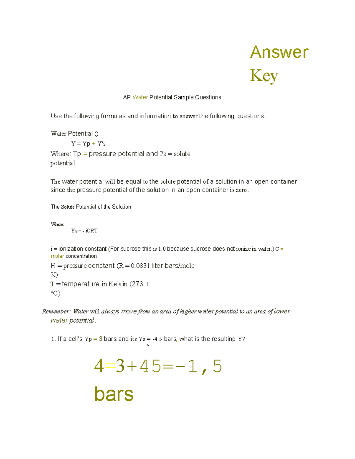 AP Biology Final Exam Answer Key: Water Potential Problems #1 - Studocu