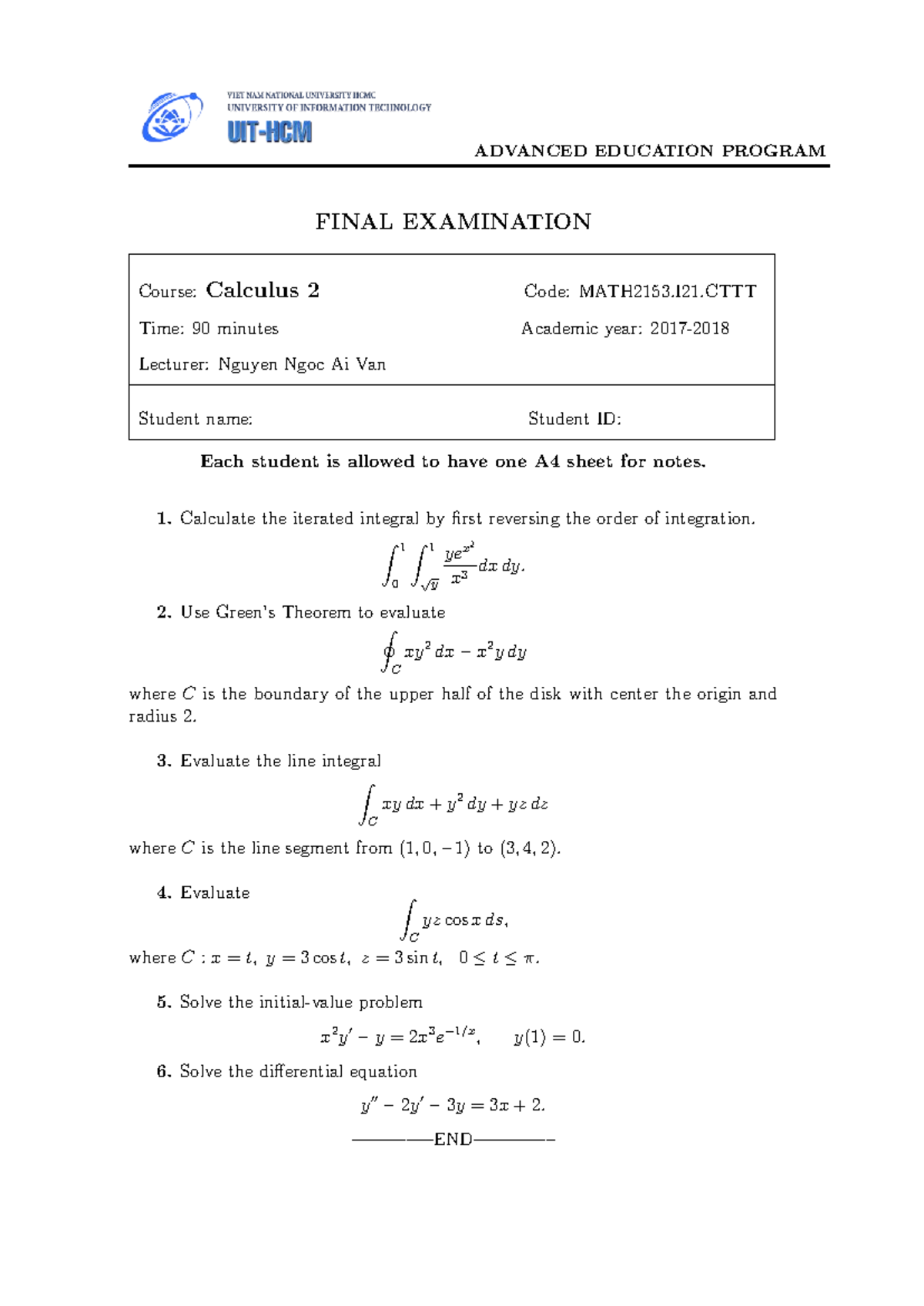 Calculus 2 Final Exam - Advanced Education Program - Studocu