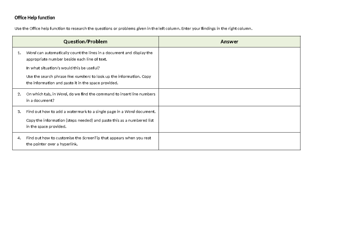 Office Help Function: Researching Word Features and Customization - Studocu