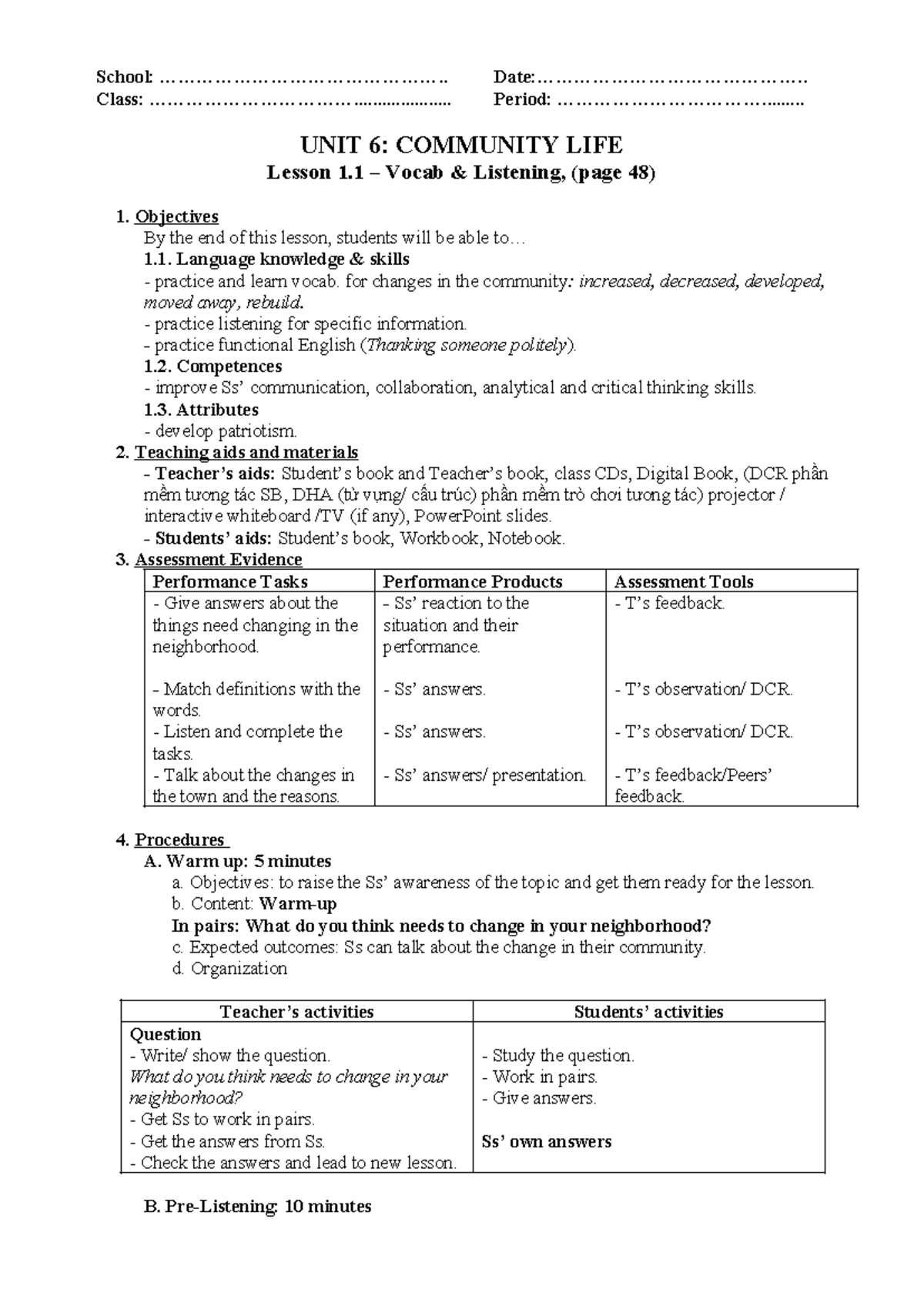 Unit 6: Community Life - Lesson 1.1 Vocab & Listening Activities - Studocu