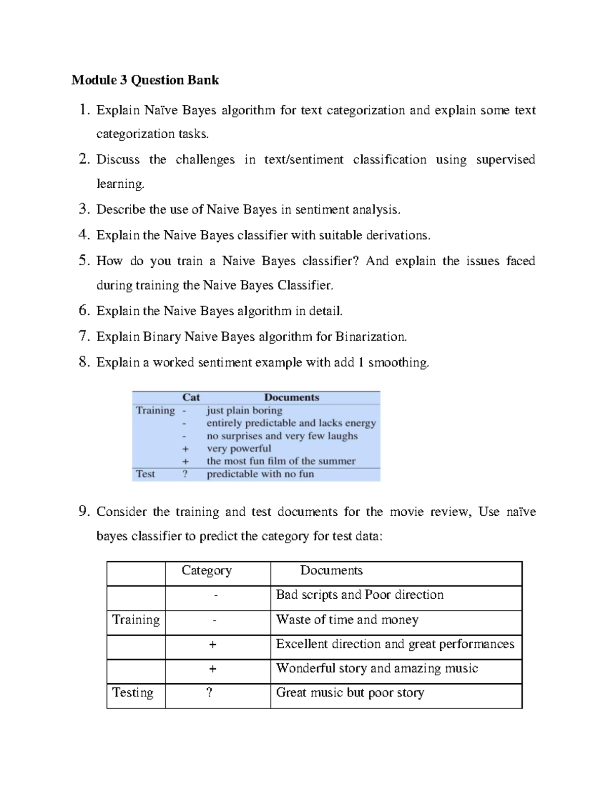 Module 3 QB: Naïve Bayes Algorithm & Text Classification Insights - Studocu