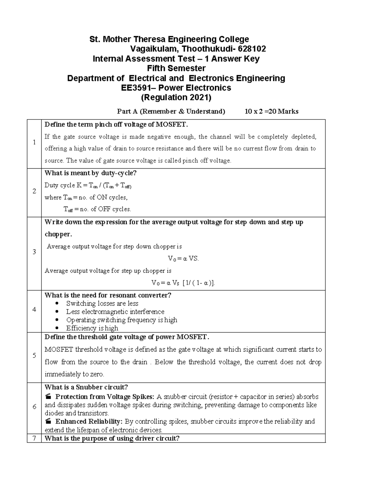 IAT - I - Power Electronics (Reg 2021) Answer Key for 5th Sem EEE - Studocu