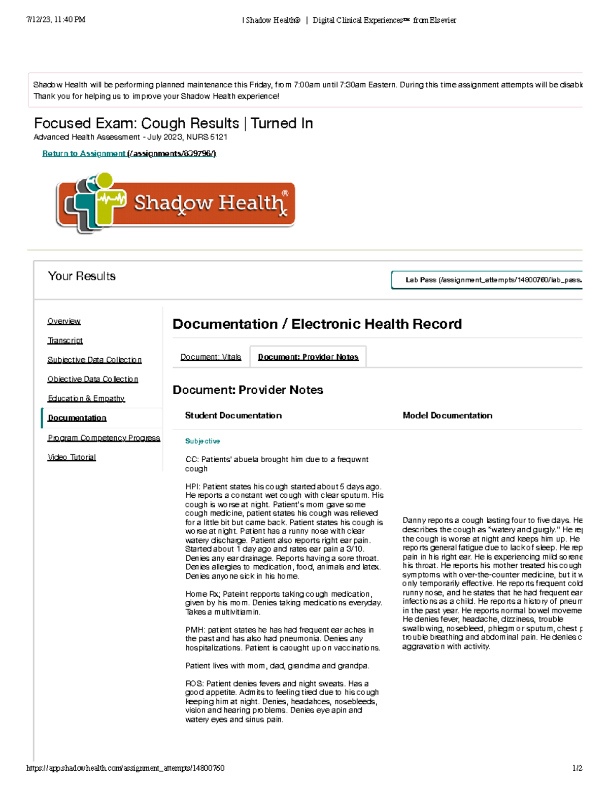 NURS 5121 Focused Exam: Cough Results - Shadow Health Documentation ...