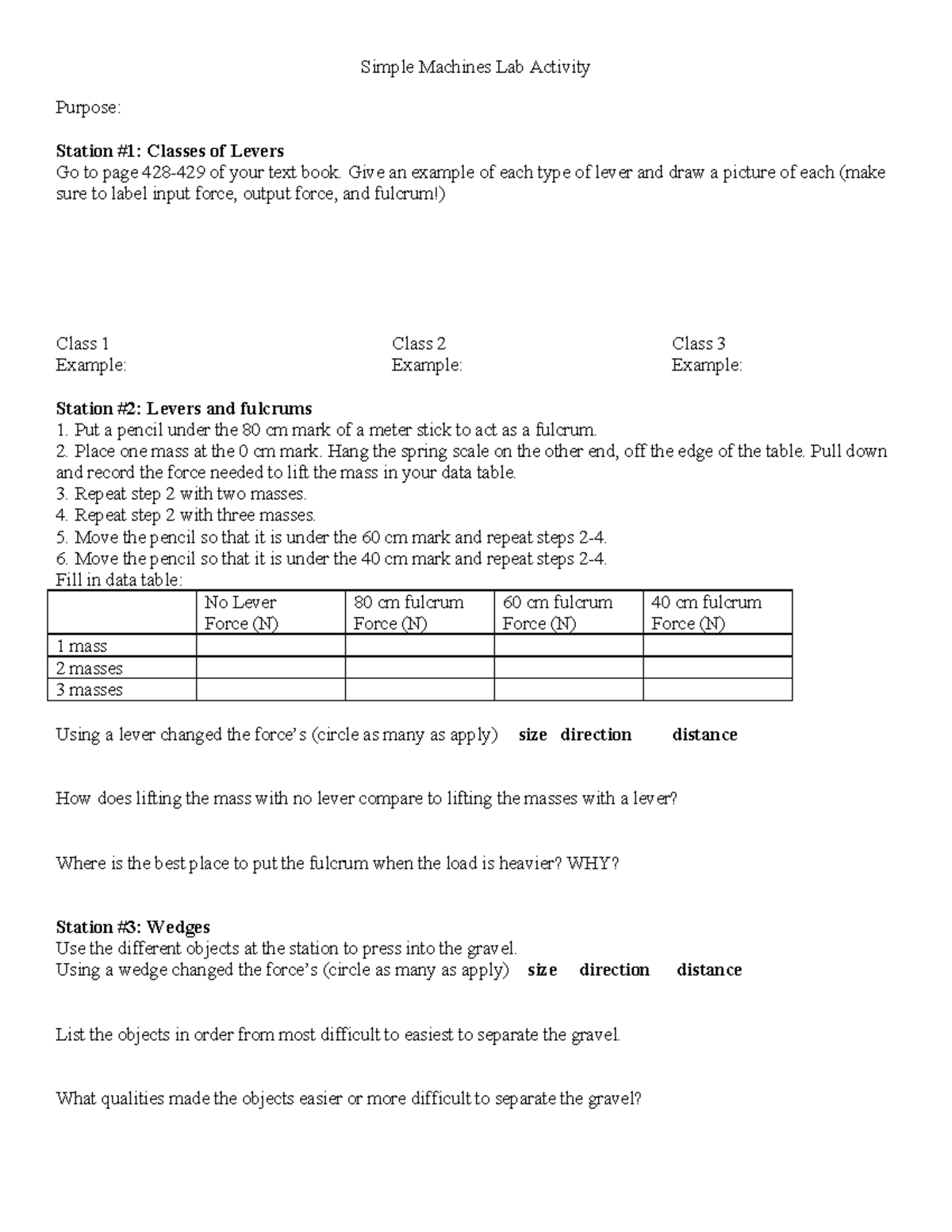 Ph11Lab Simple Machines - Simple Machines Lab Activity Purpose: Station ...