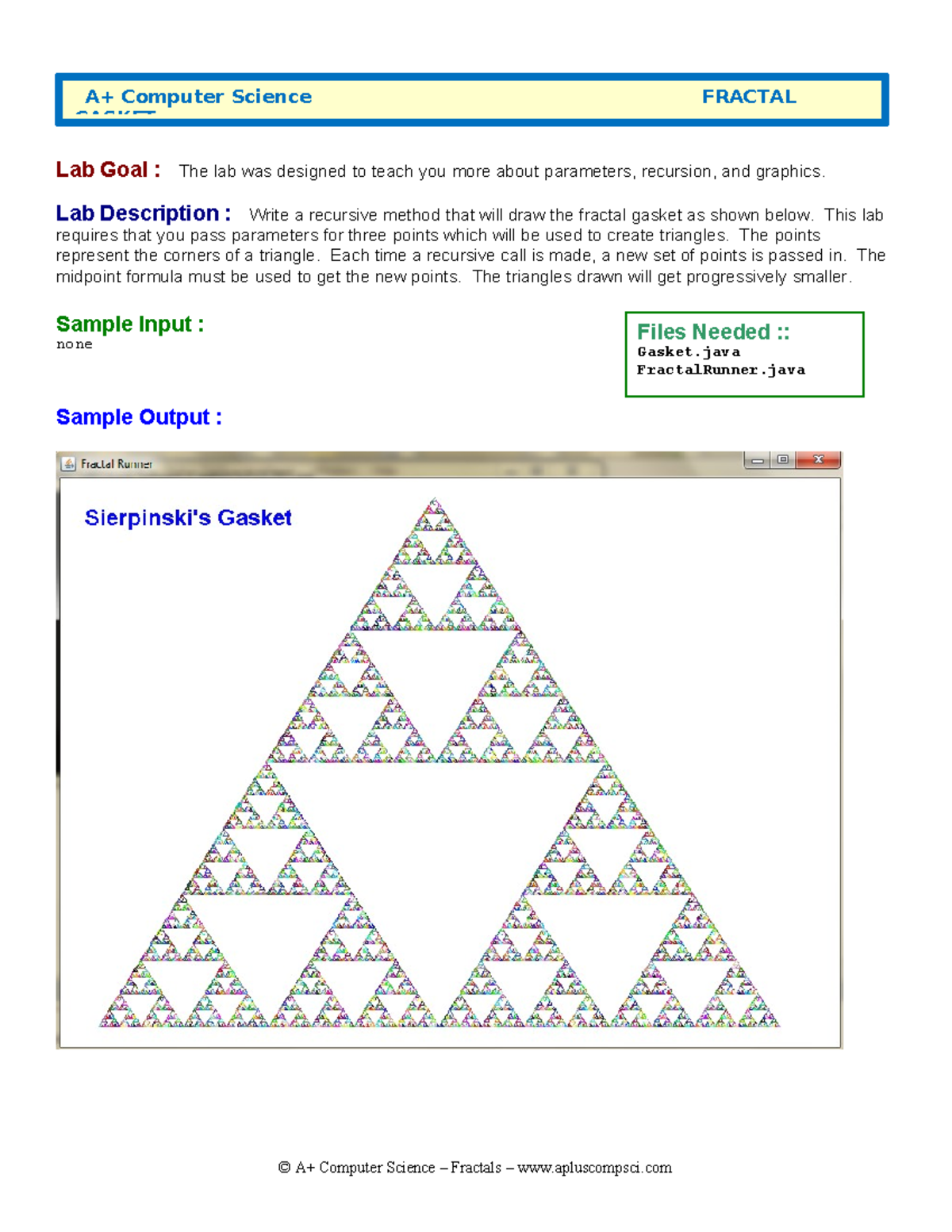 CS101 Fractal Lab: Recursive Gasket Drawing Techniques - Studocu