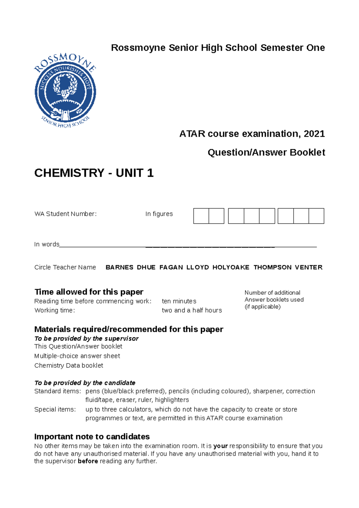 CHEMISTRY UNIT 1 ATAR Semester 1 Exam 2021 - Rossmoyne Senior High ...