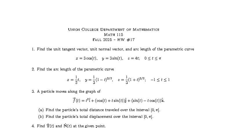Math 115 Fall 2025 - HW 17: Parametric Curves & Motion Analysis - Studocu