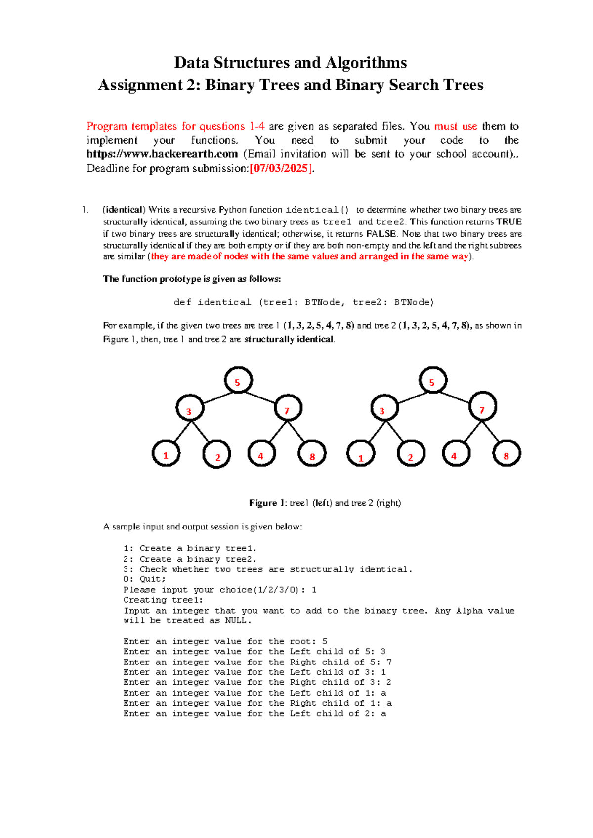 Binary Trees and Binary Search Trees Assignment 2: Python Functions - Studocu