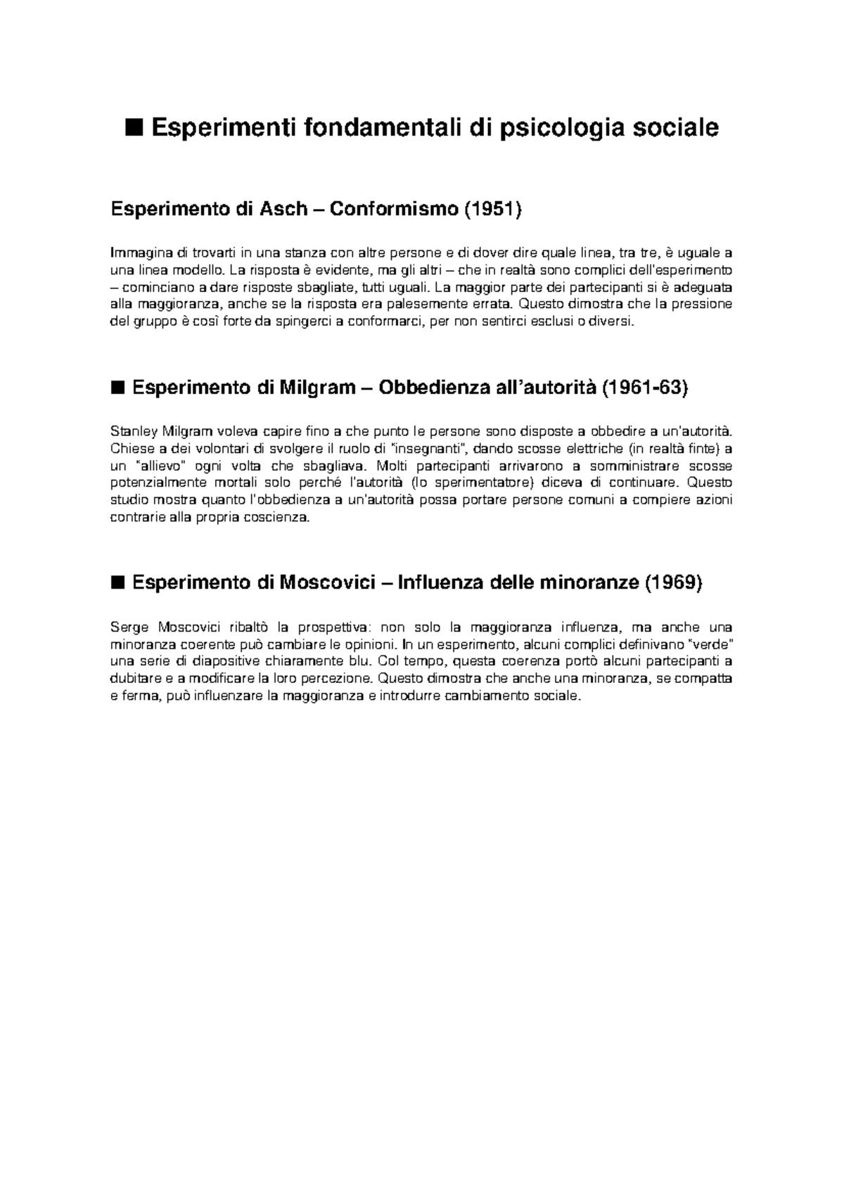 Riassunto Esperimenti di Conformismo e Obbedienza (PSY101) - Studocu