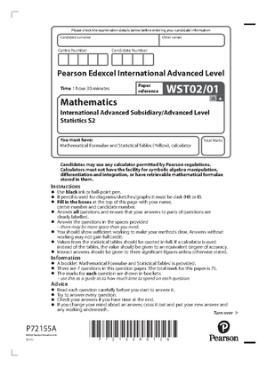 Edexcel IAL Statistics S2 Oct 2022 MS - Mark Scheme (Results) October ...