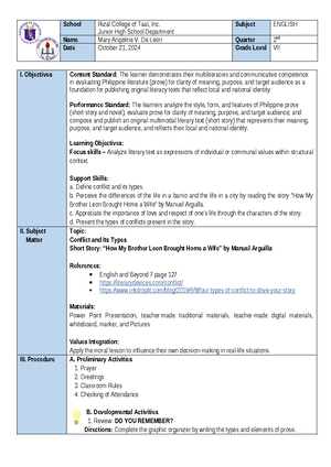 DLL Week 4- NMP - Daily Lesson Log - Grades 7 – 12 Daily Lesson Log ...