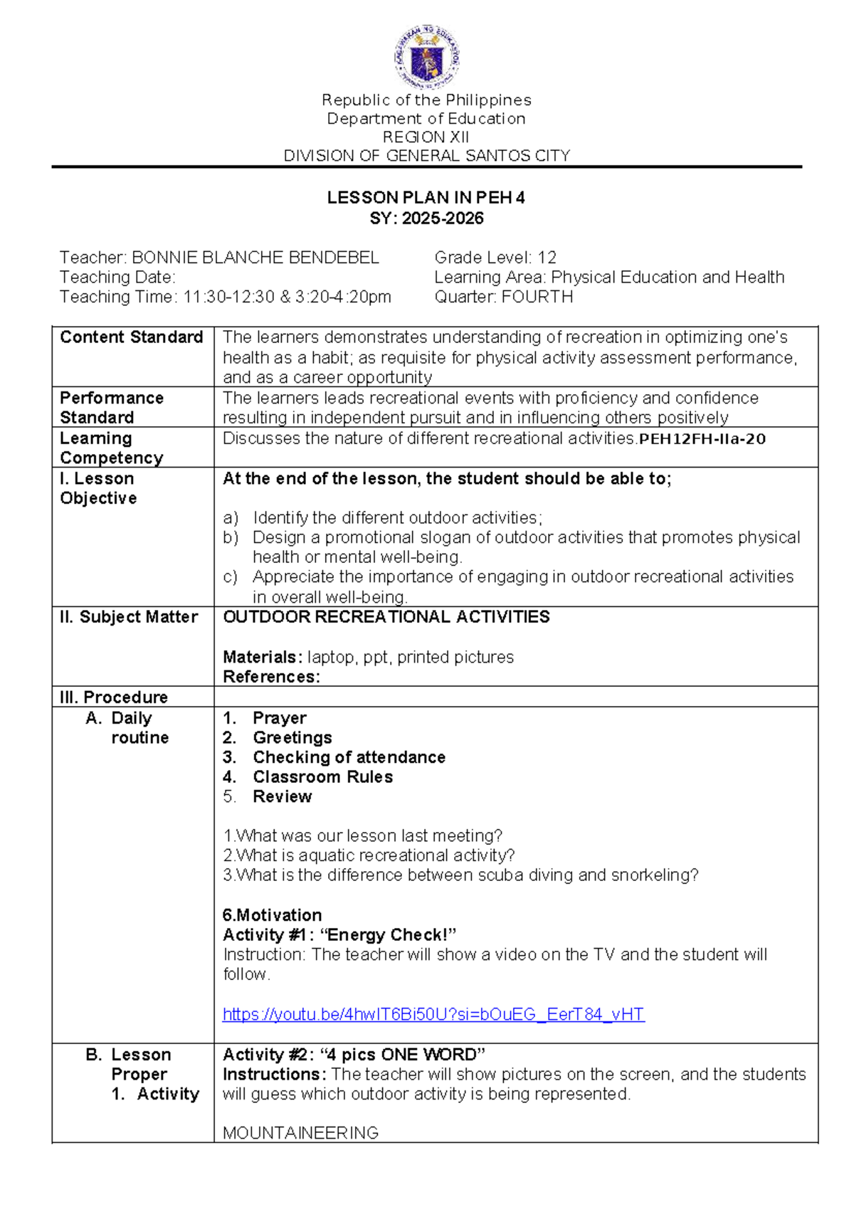 PHE 4 Lesson Plan: Outdoor Recreational Activities for Grade 12 - Studocu