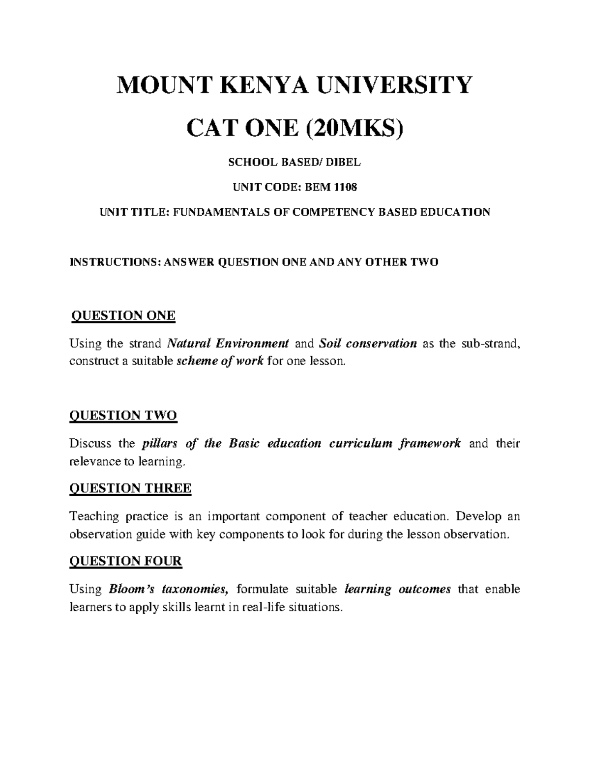 CAT I (20MKS) Fundamentals of Competency Based Education - BEM 1108 ...